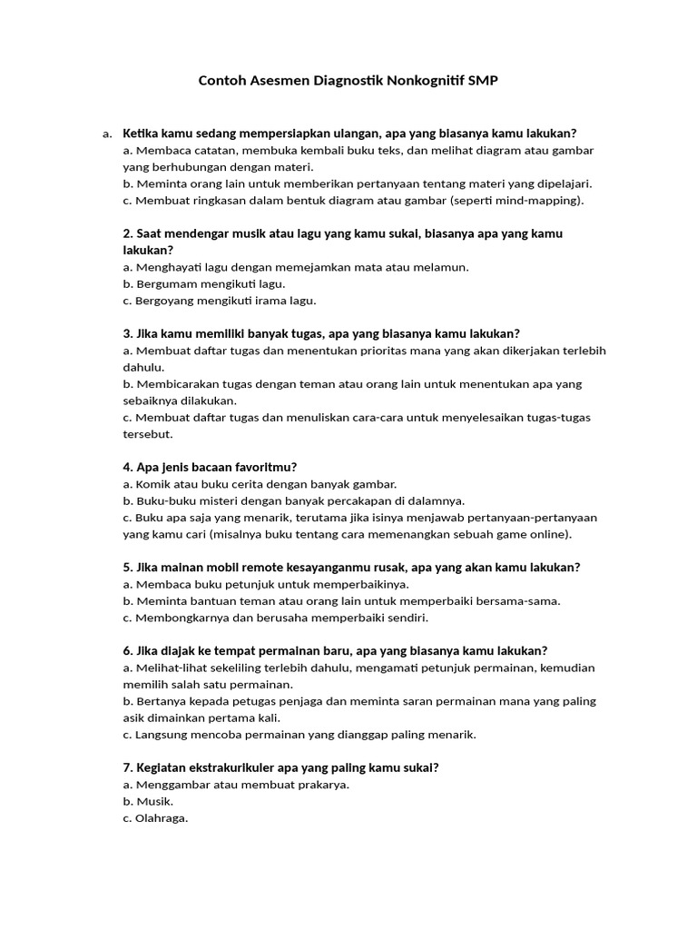 Contoh Asesmen Diagnostik Nonkognitif SMP | PDF