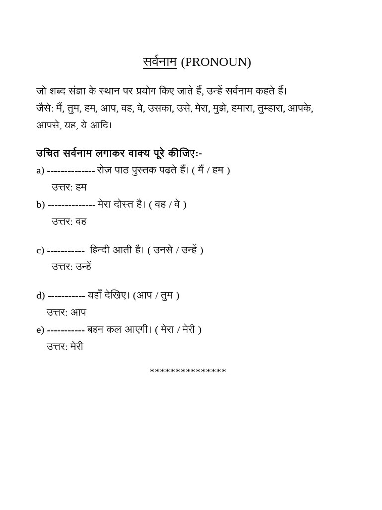 Class IV - Hindi Notes - (Grammar) Sarvanaam | PDF