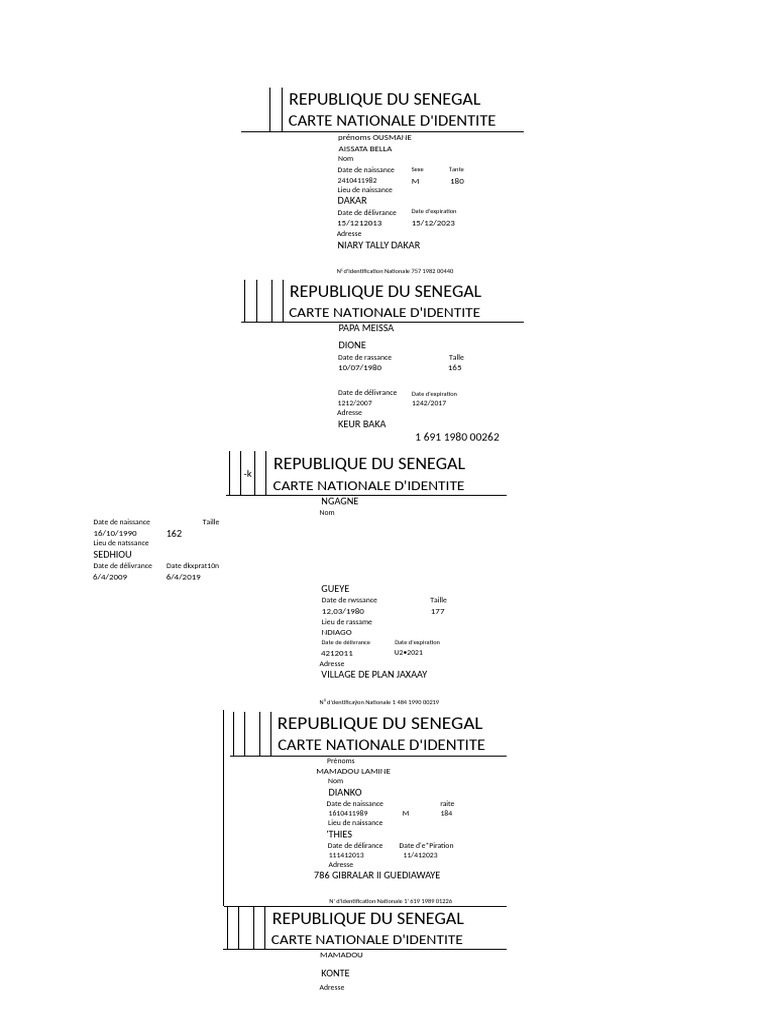 Numéros de carte d'identité nationale Sénégal | PDF