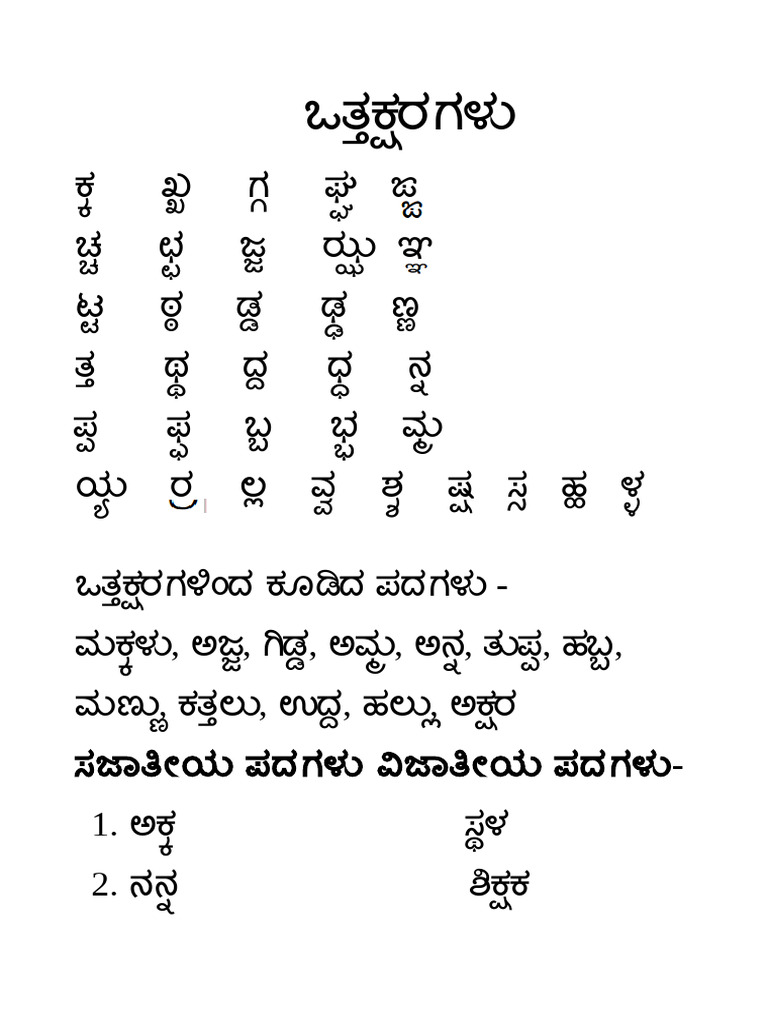 Class IV Kannada Ottaksharagalu Notes | PDF