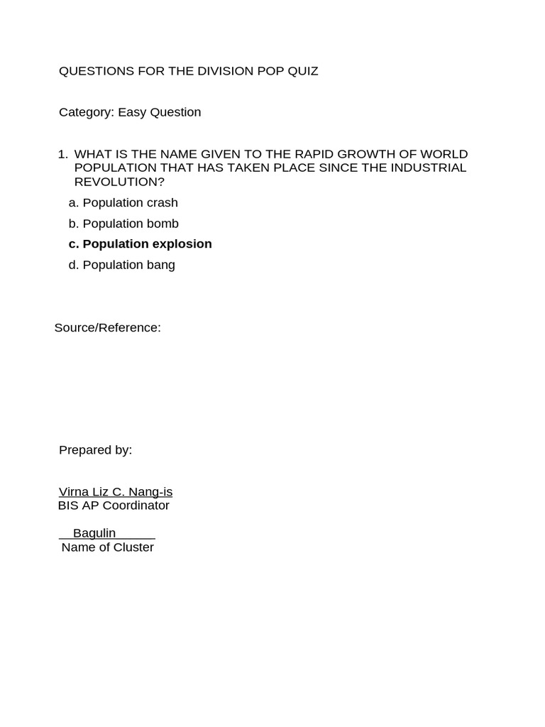 Population Development Quiz Questions | PDF | Family Planning ...