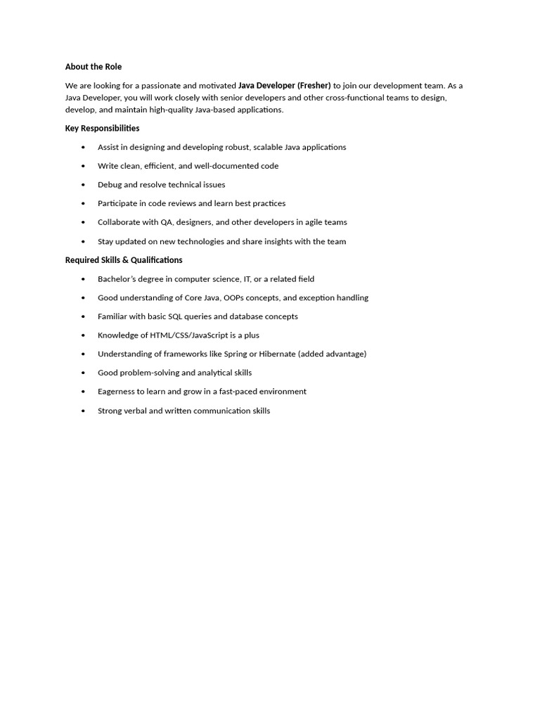 Java Fresher JD | PDF