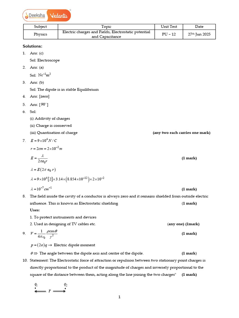 01-PU12G1,2,3 Physics - Solutions - M4 | PDF | Electric Field | Dipole