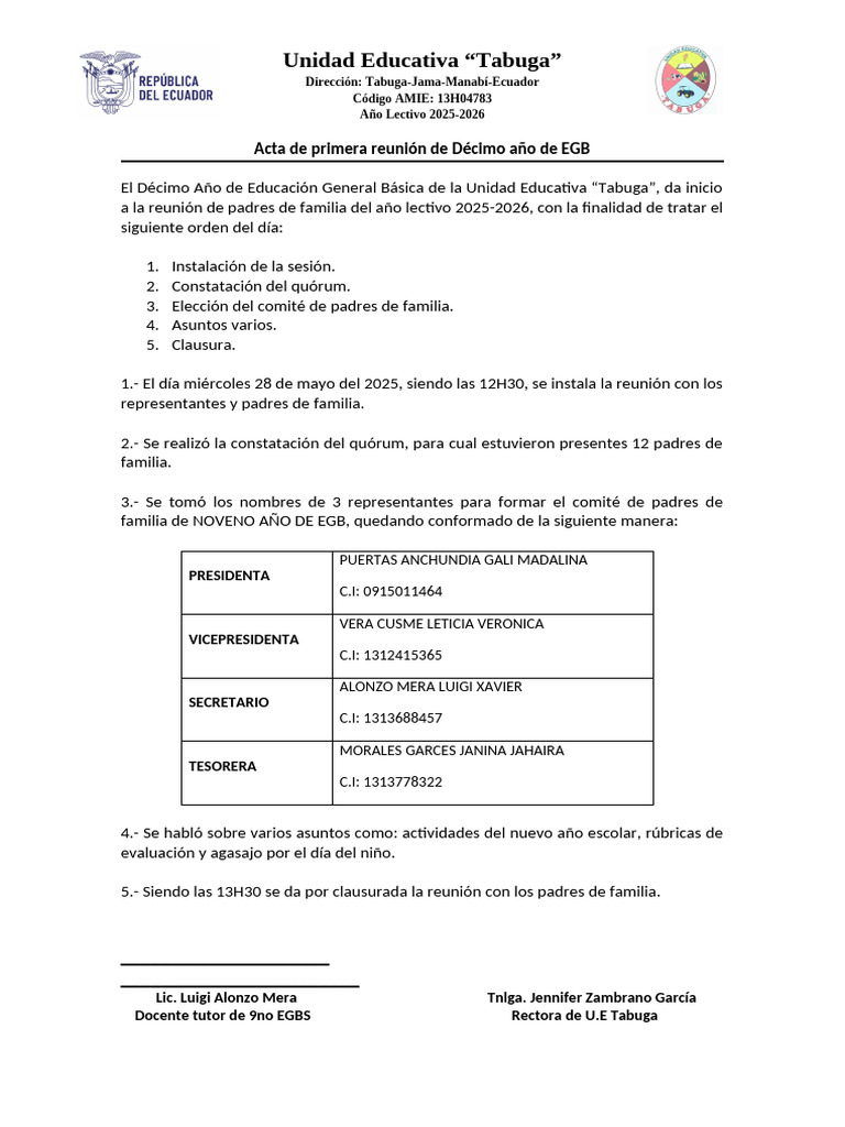 Acta de Primera Reunión de Décimo Año de EGB | PDF