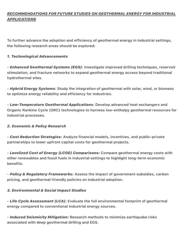 Recommendations For Future Studies On Geothermal Energy For Industrial ...