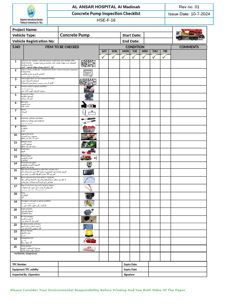 Concrete Pump Inspection Checklist | PDF