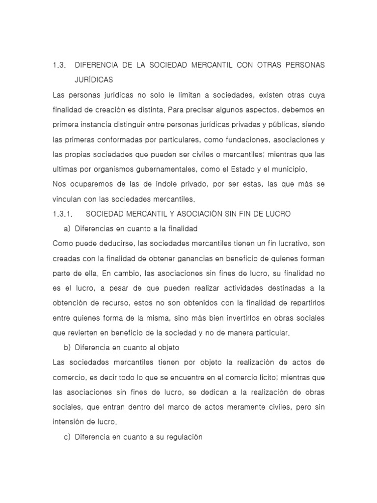 Diferencia de La Sociedad Mercantil Con Otras Personas Jurídicas | PDF | Sociedad de ...