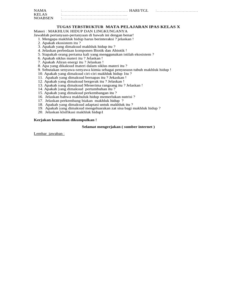 Lanjutan Tugas Ipas Makhluk Hidup Dan Lingkungan Kelas X | PDF