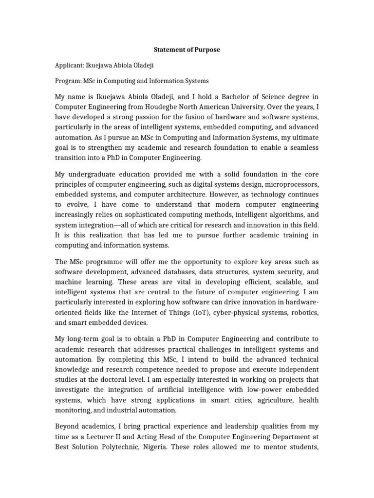 Statement of Purpose Ikuejawa Abiola Oladeji | PDF | Computer ...