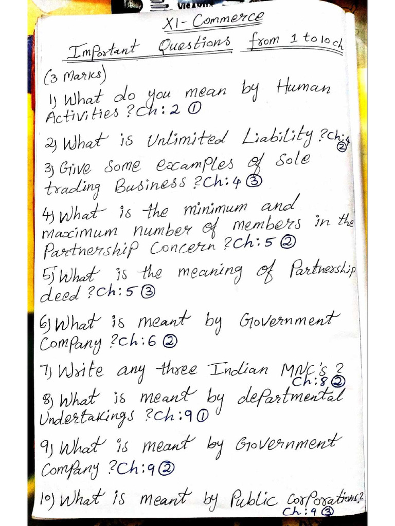 XI Commerce Important 3 Marks and 5 Marks Questions | PDF