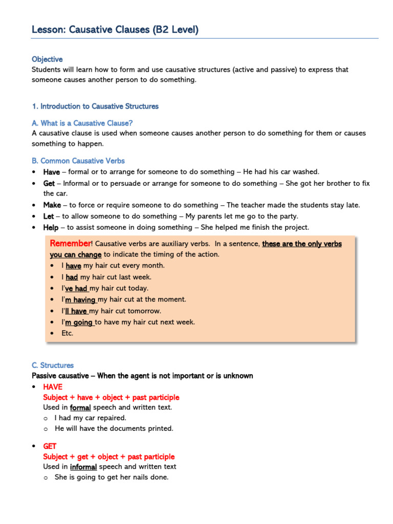 Causative Lesson Level B2 With Answer Key | PDF | Verb | Subject (Grammar)