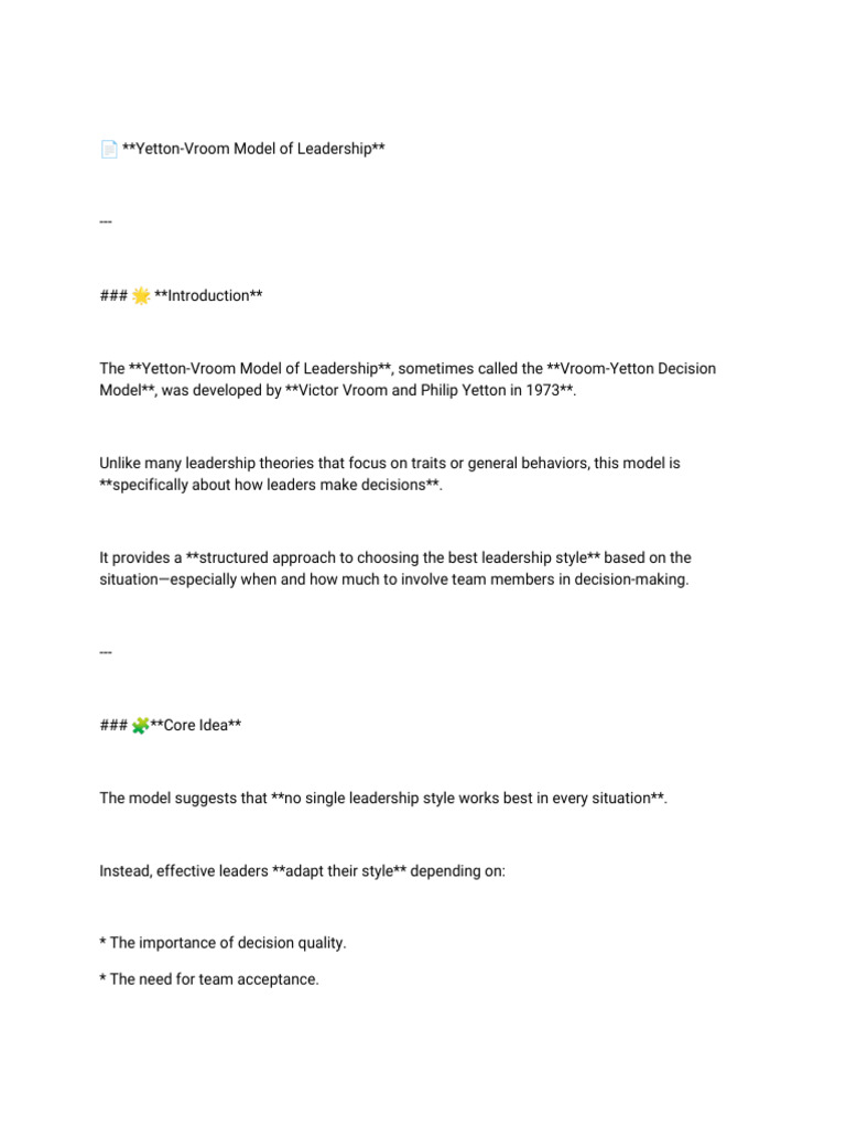 Yetton-Vroom Leadership Decision Model | PDF | Leadership ...