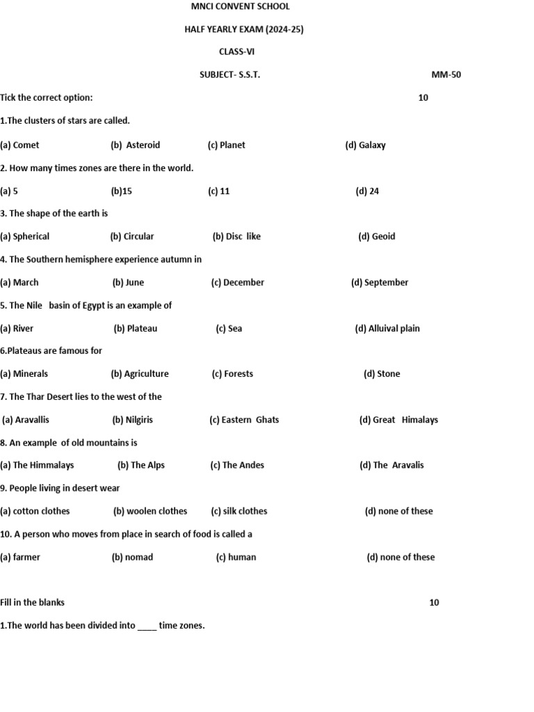 Class 6th SST Paper Half Yearly Exam | PDF | Earth | Mountains