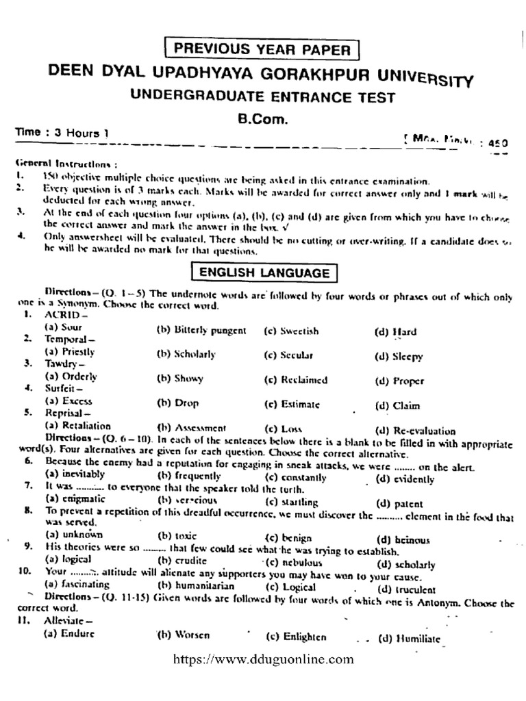 Entrance Exam Question Paper Bcom 2020 | PDF