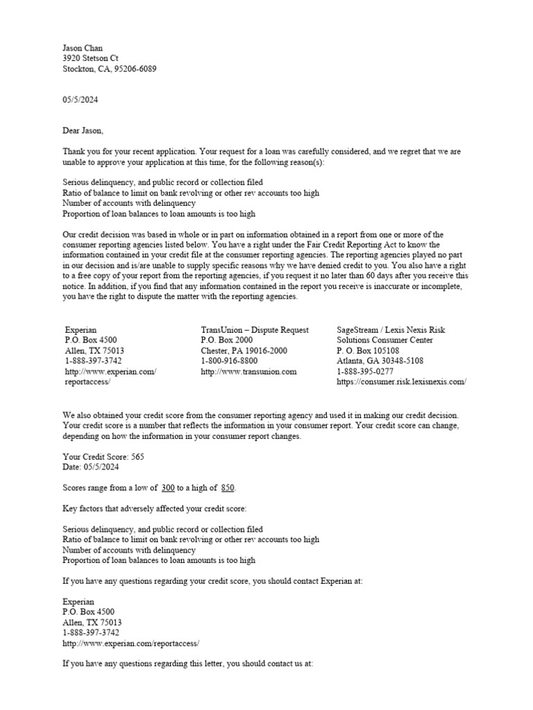 Loan Application Denial Notice | PDF | Credit | Finance & Money Management