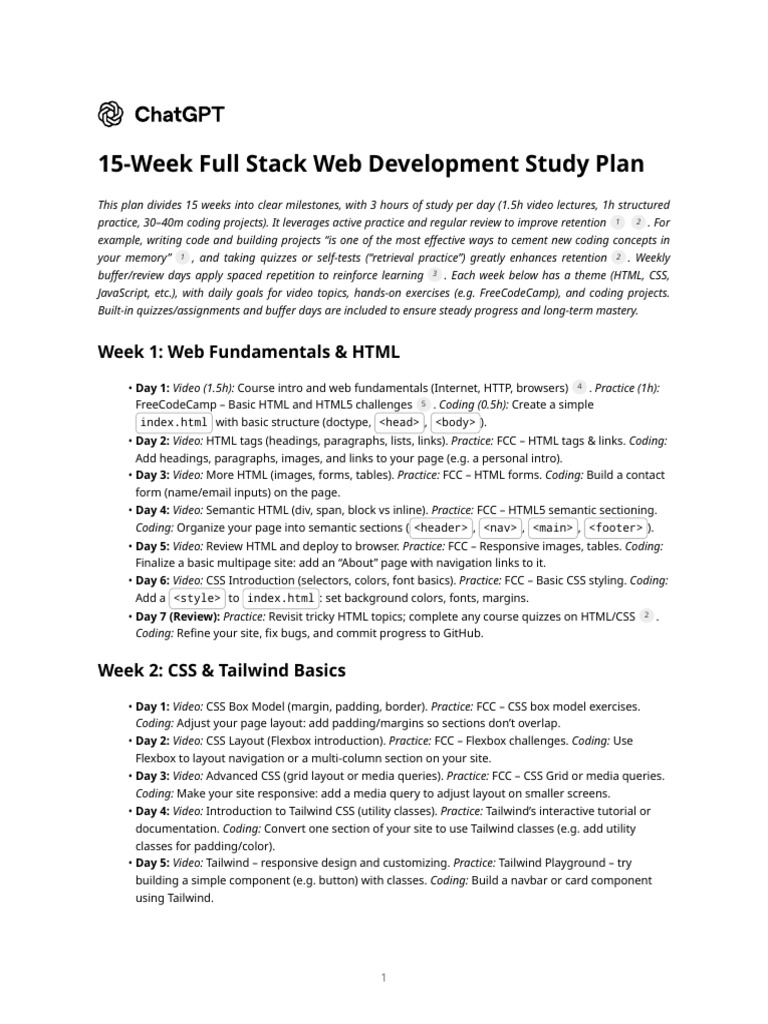 15-Week Full Stack Web Development Study Plan | PDF | Html | Html Element