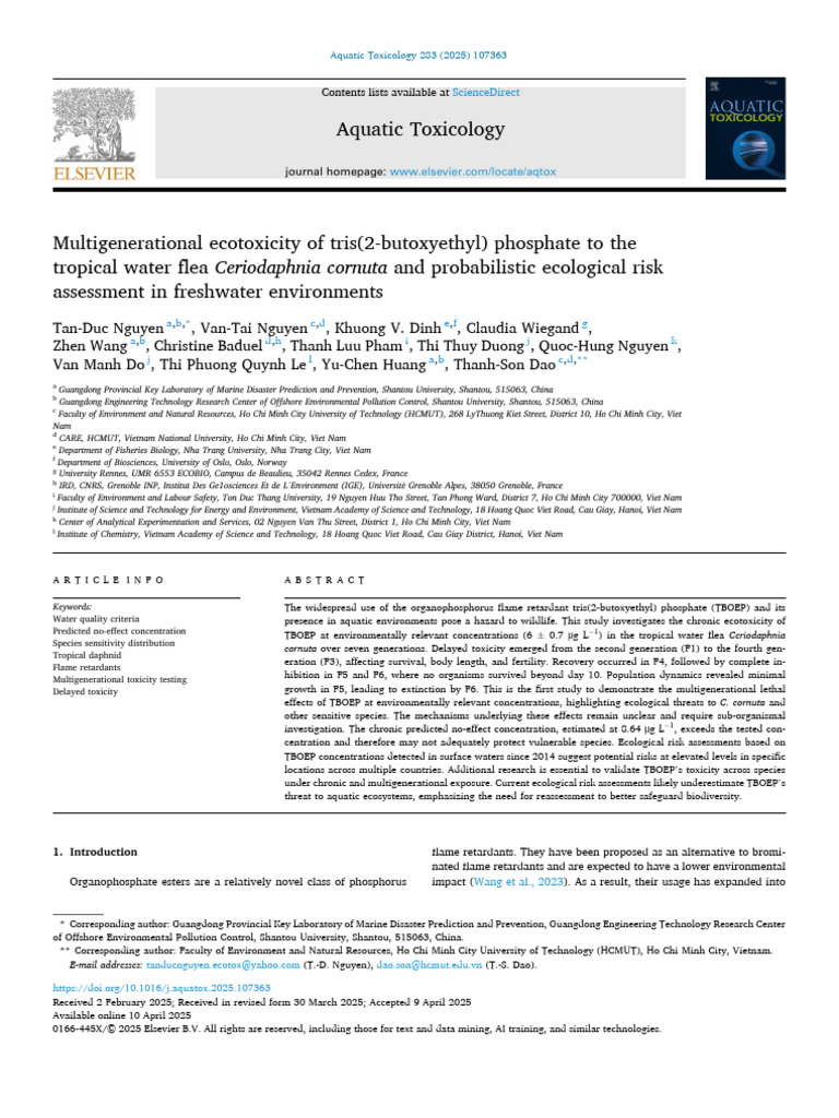 Multigenerational Ecotoxicity of Tris (2-Butoxyethyl) Phosphate To The ...