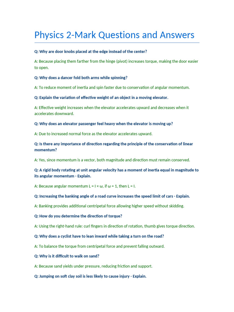 Physics 2 Mark Questions Full | PDF | Force | Rotation Around A Fixed Axis