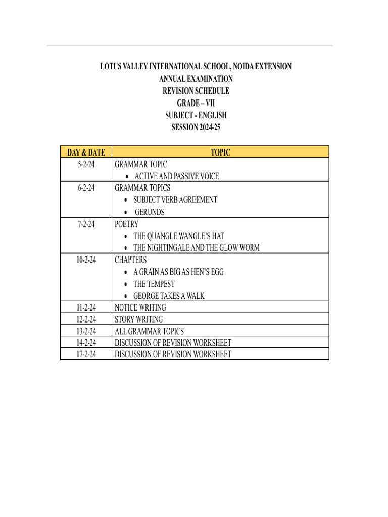 Grade 7 Revision Schedule - All Subjects | PDF