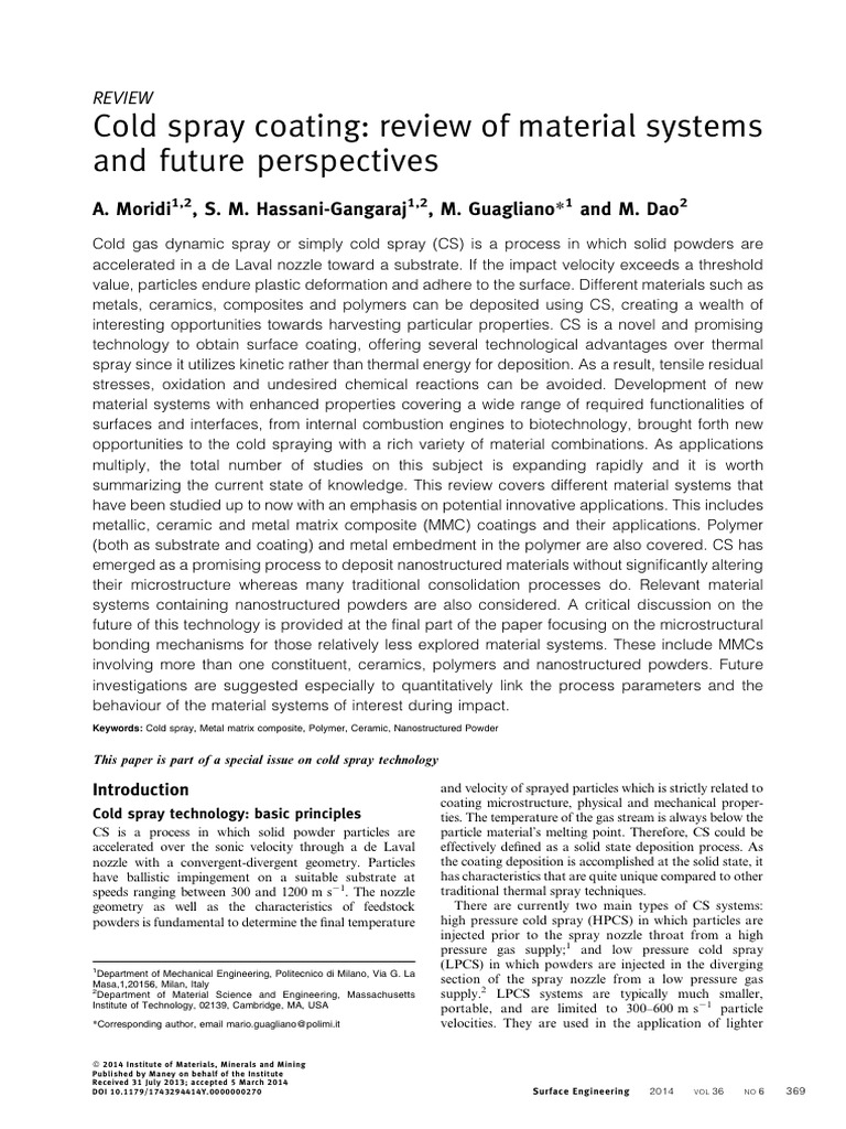 Moridi Et Al 2014 Cold Spray Coating Review of Material Systems and ...