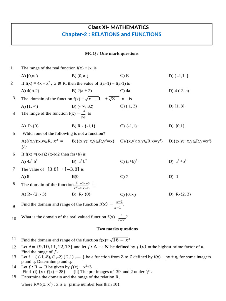 XI Maths Relations and Functions 2 of 2 Worksheet | PDF | Function (Mathematics) | Mathematics