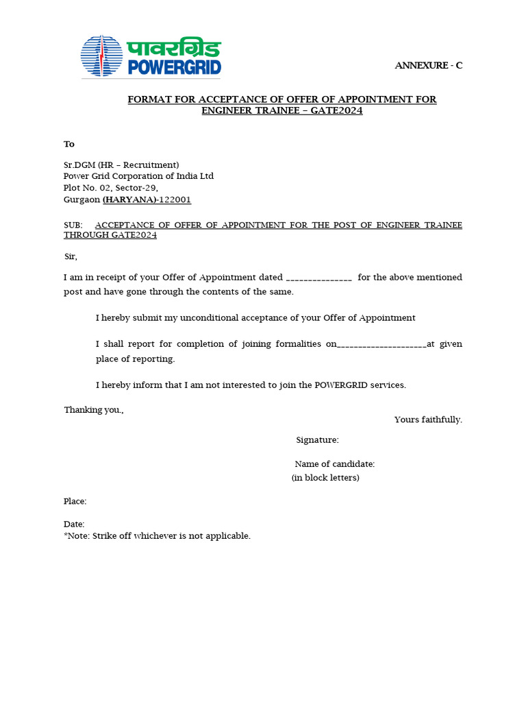 Engineer Trainee Appointment Acceptance Form | PDF