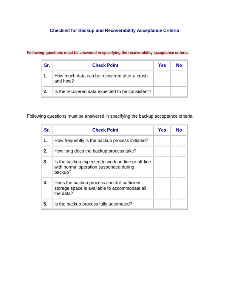 Checklist for Backup and Recoverability Acceptance Criteria | PDF