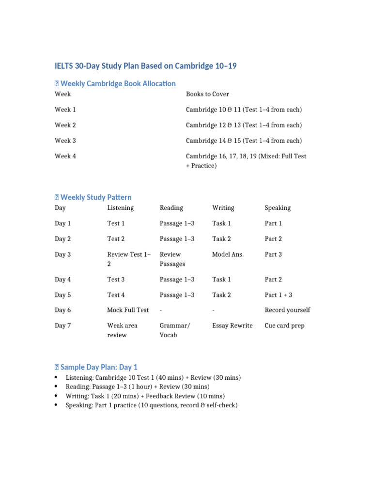 IELTS 30 Day Cambridge Study Plan | PDF