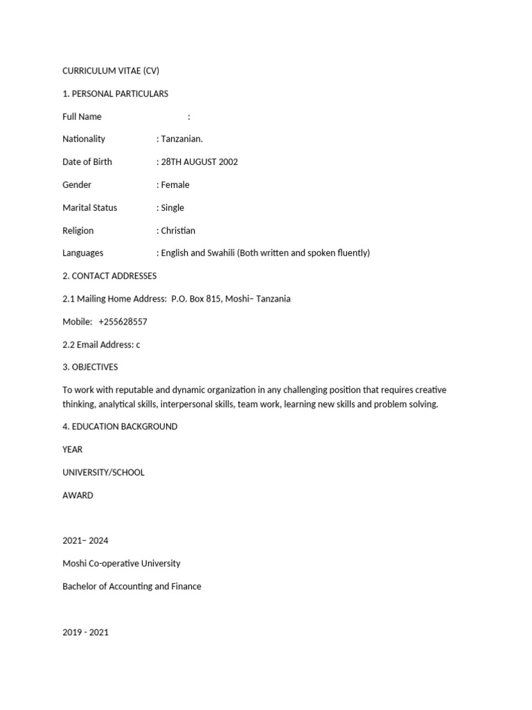 Tanzanian Female CV: Accounting Graduate | PDF