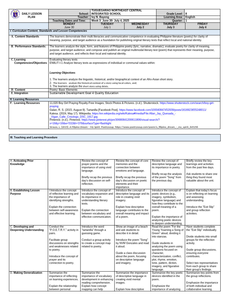 Week 2 Daily Plan For English 7 | PDF | Poetry | Human Communication
