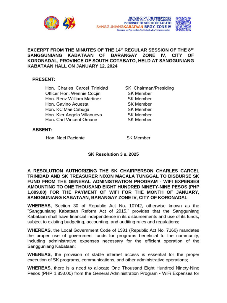3 - SK Reso Wifi For December | PDF | Government