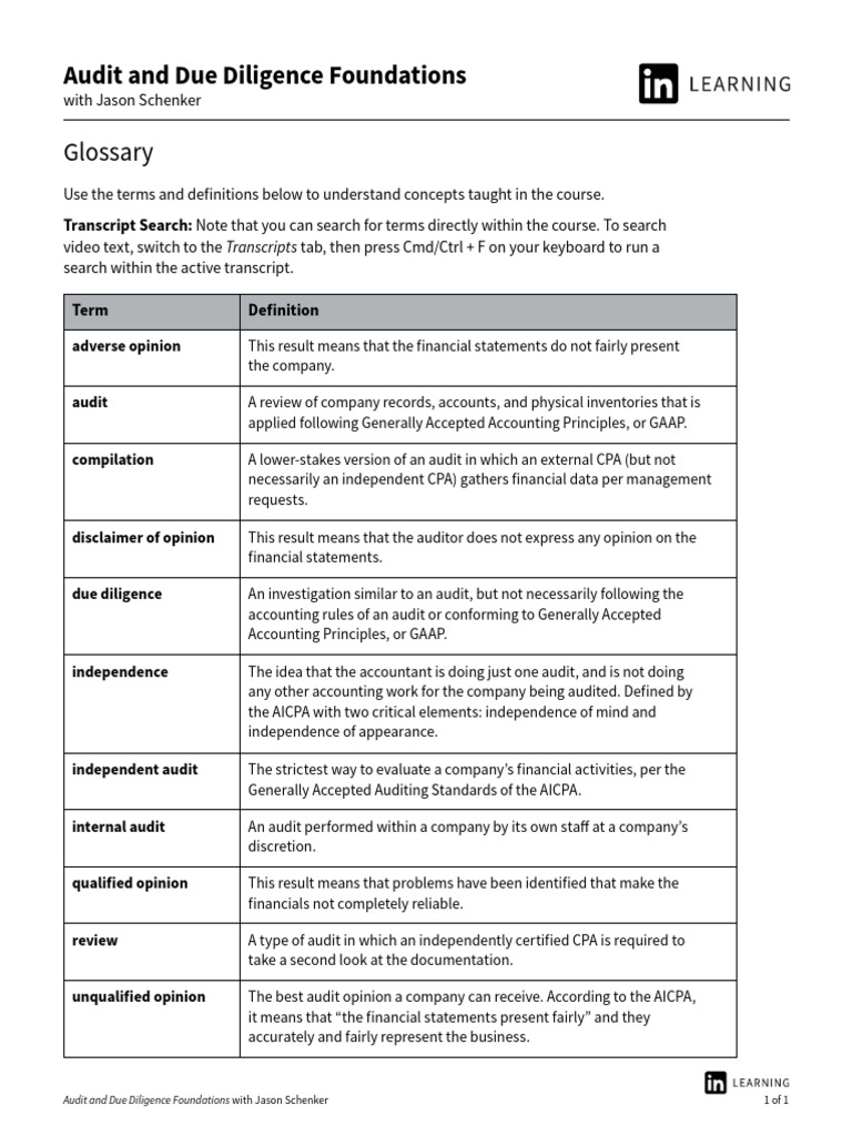Glossary Audit Due Diligence Foundations | PDF | Audit | Accounting