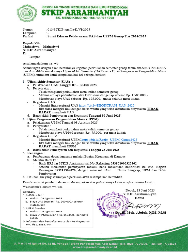 Surat Edaran Pelaksanaan UAS Dan UPPM Genap T.A 2024 - 2025 | PDF