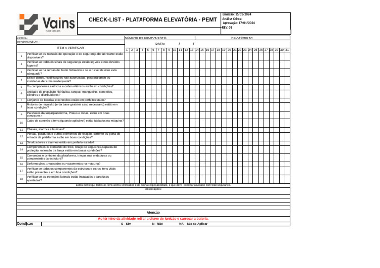 Check List - Plataforma Elevatória - 2023 - REV00 | PDF | Parafuso