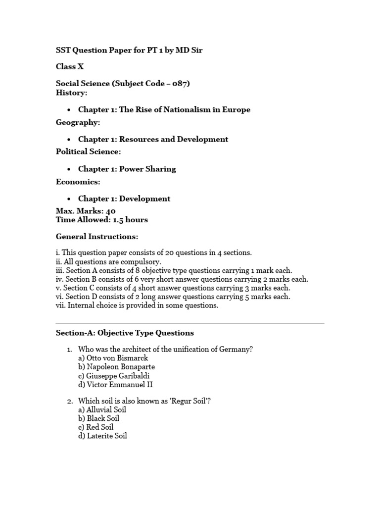 Class 10 SST PT 1 Question Paper With Answer Sheet by MD Sir | PDF | Sustainability | German Empire