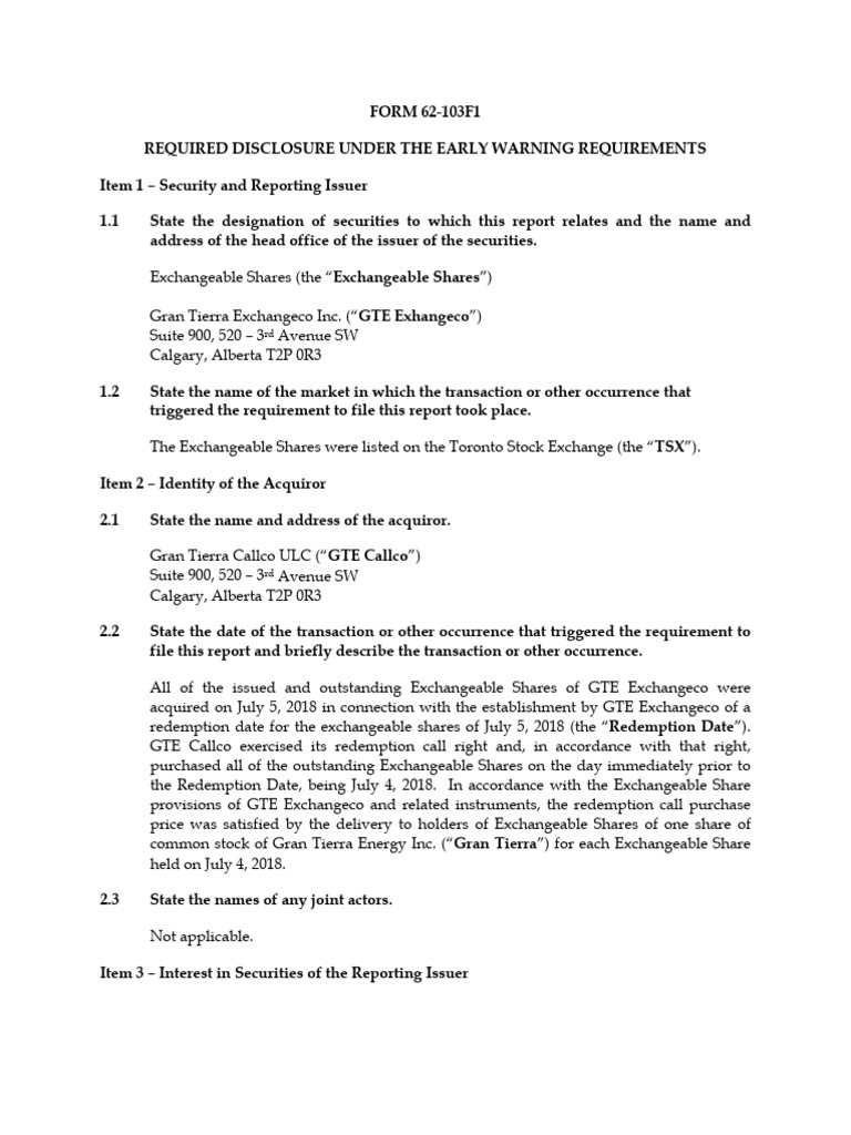 Gran Tierra Callco Acquires Exchangeable Shares | PDF | Securities ...