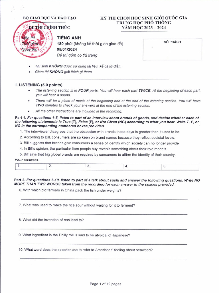 De Thi Chon Hoc Sinh Gioi Quoc Gia THPT Mon Tieng Anh Nam 2023 2024 | PDF