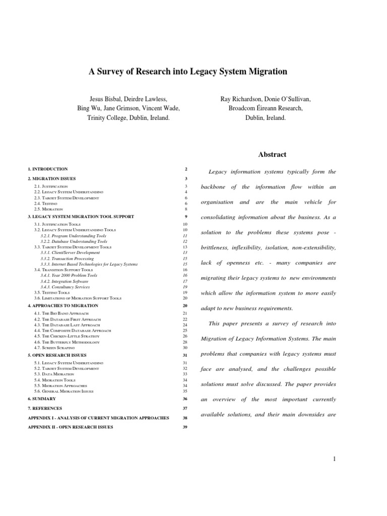 A Survey Of Research Into Legacy System Migration Pdf Component Based Software Engineering