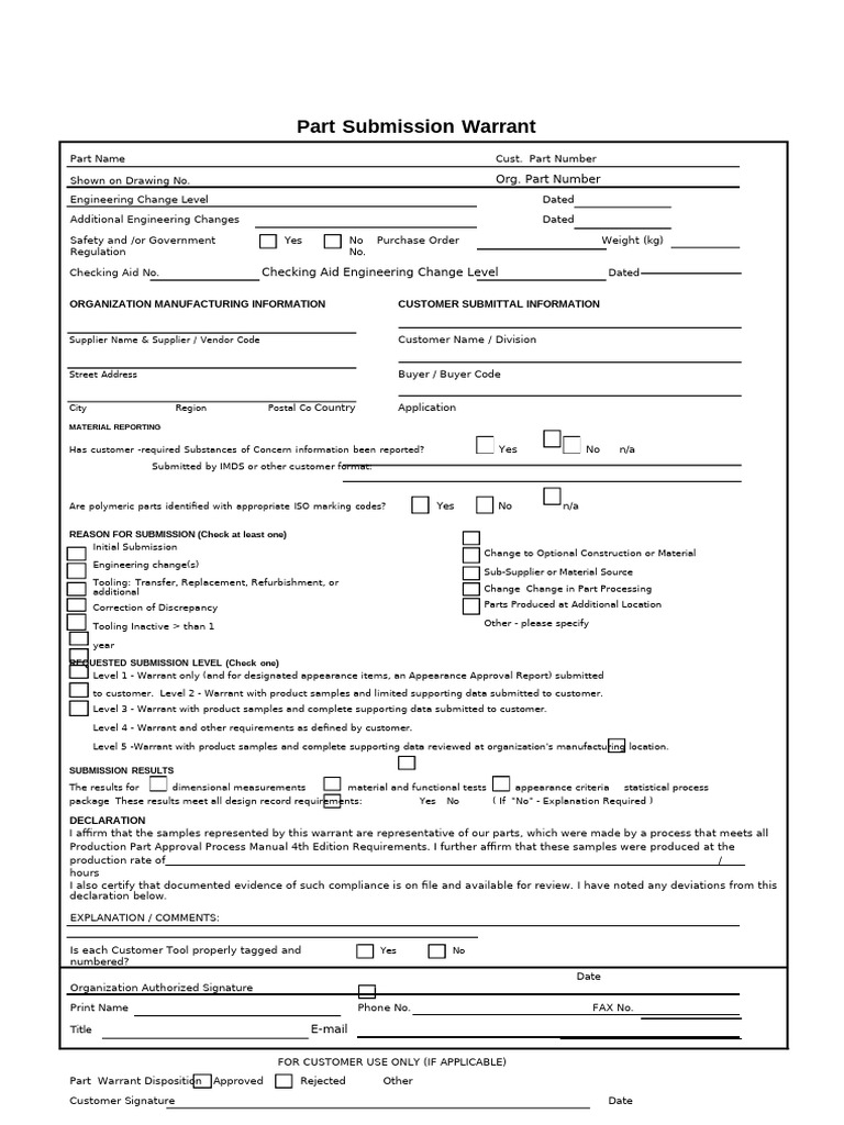 PSW Part Submission Warrant | PDF
