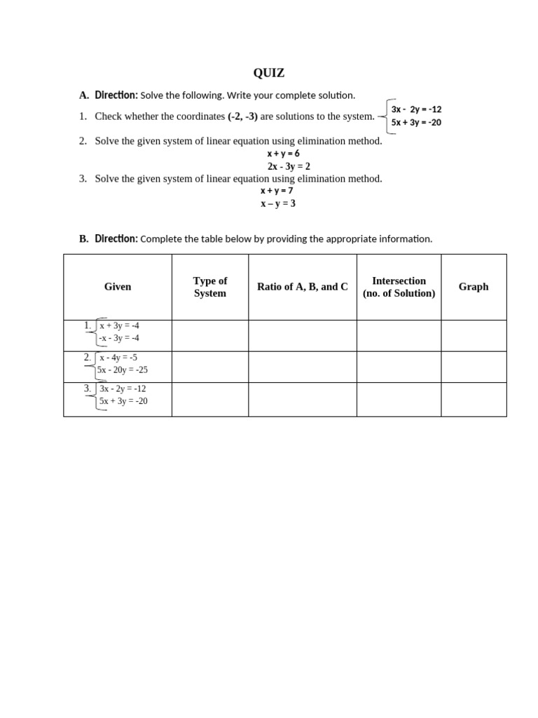 Linear Equations Quiz and Solutions | PDF