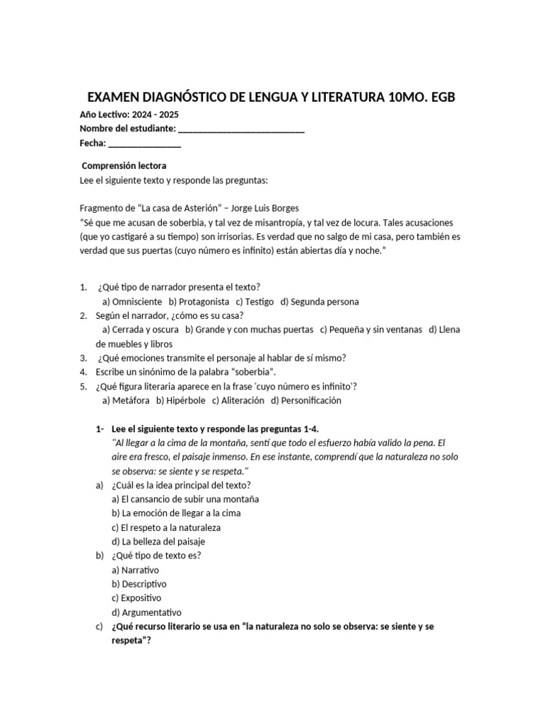 5 Diagnostico - Lengua - 10mo.1ro, 2d0,3ro. | PDF | Narración | Rima