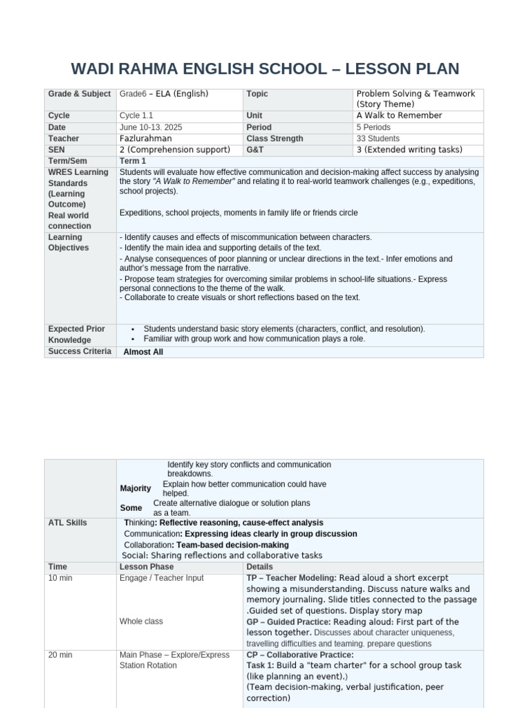 LESSON PLAN-6th English Unit1 A Walk To Renember Passage | PDF ...