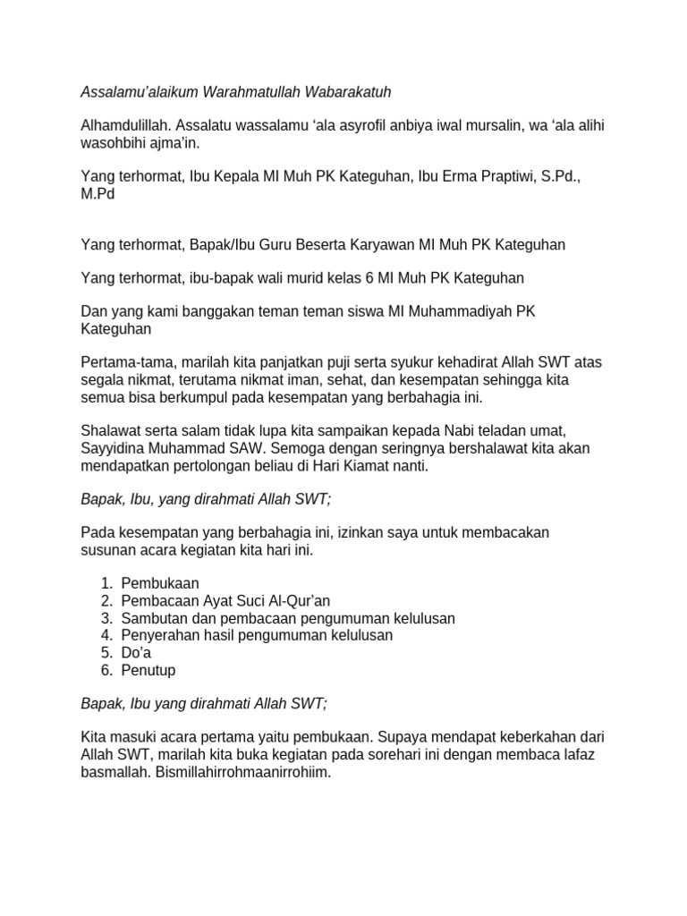 Teks MC Acara Kelulusan Kelas 6 | PDF