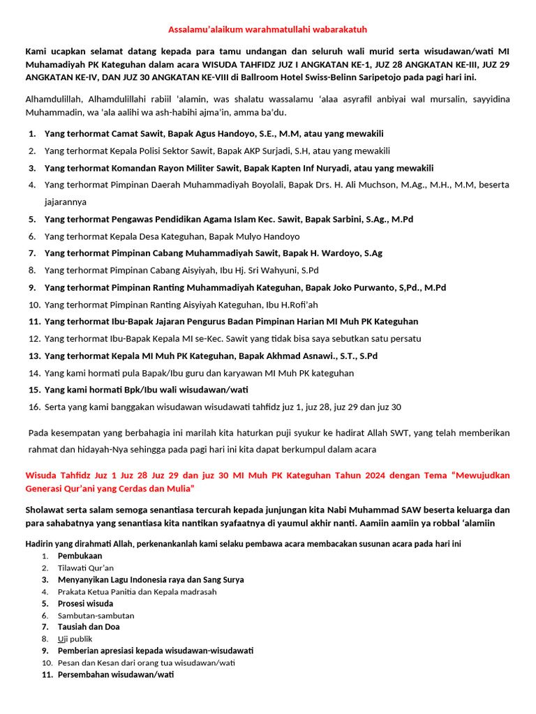 Teks MC Wisuda Tahfidz 2024 | PDF