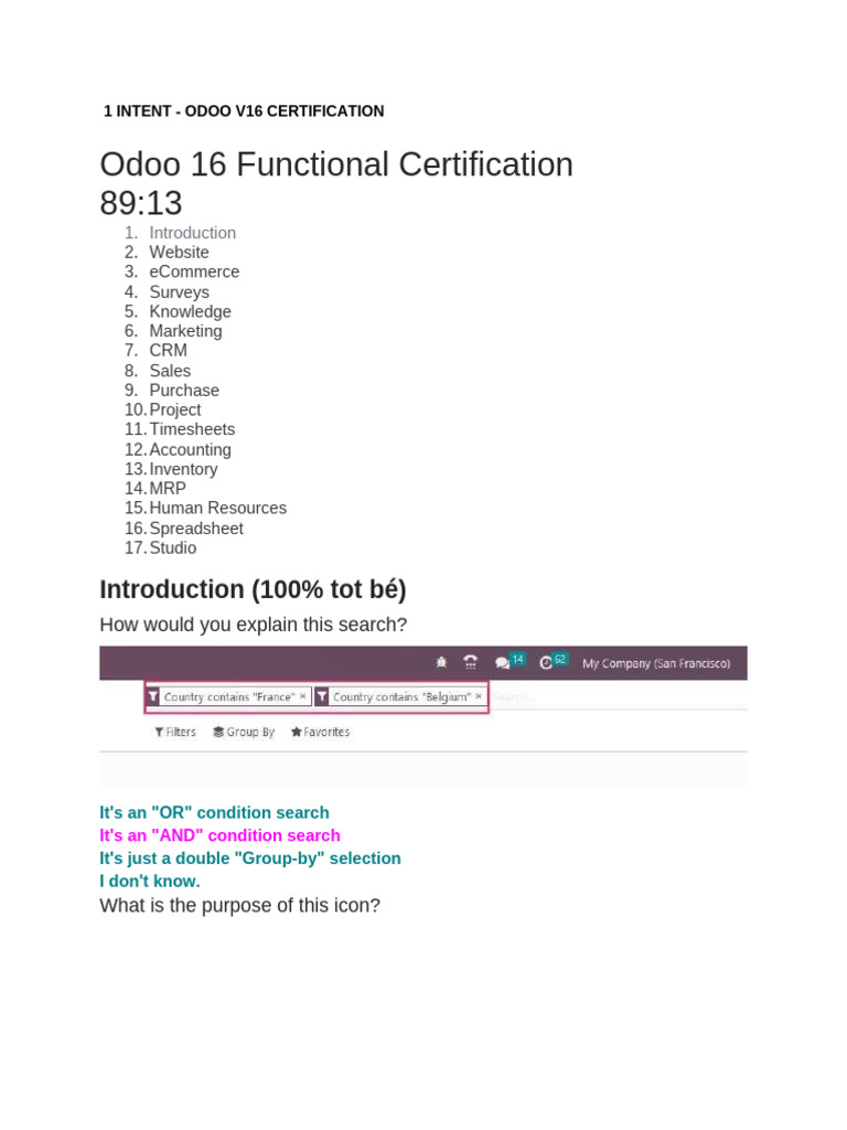 Odoo 16 Functional Certification 89:13: Introduction (100% Tot Bé) | PDF | Spreadsheet | Receipt