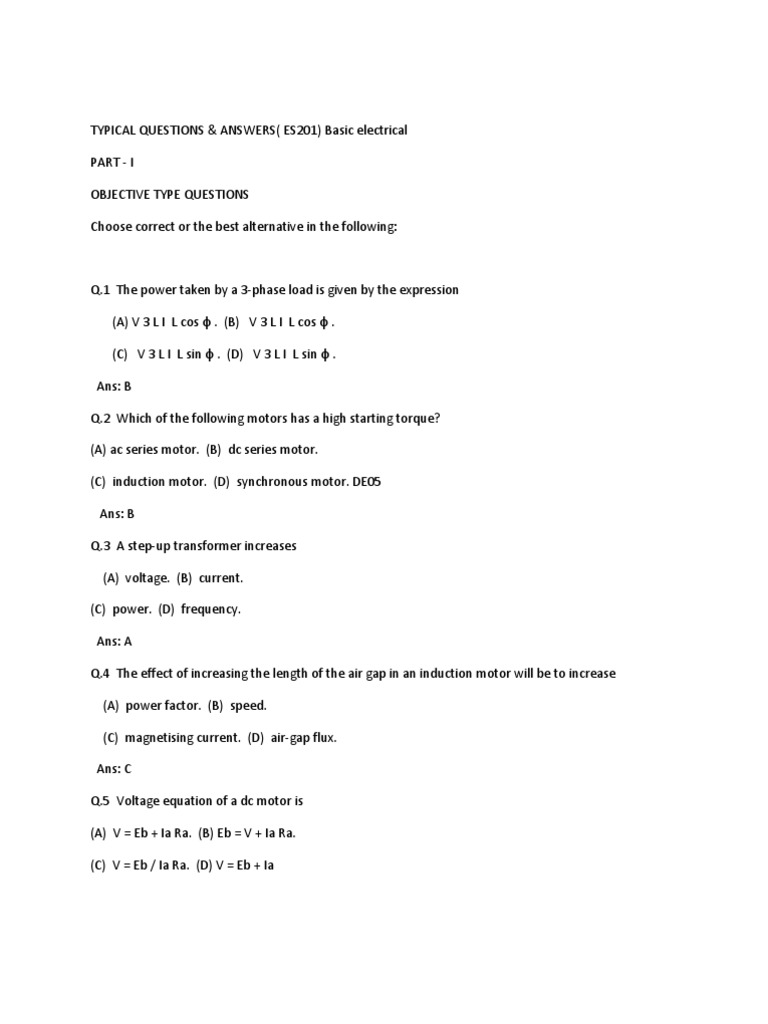 ES201 Electrical Questions & Answers | PDF | Transformer | Electric Motor