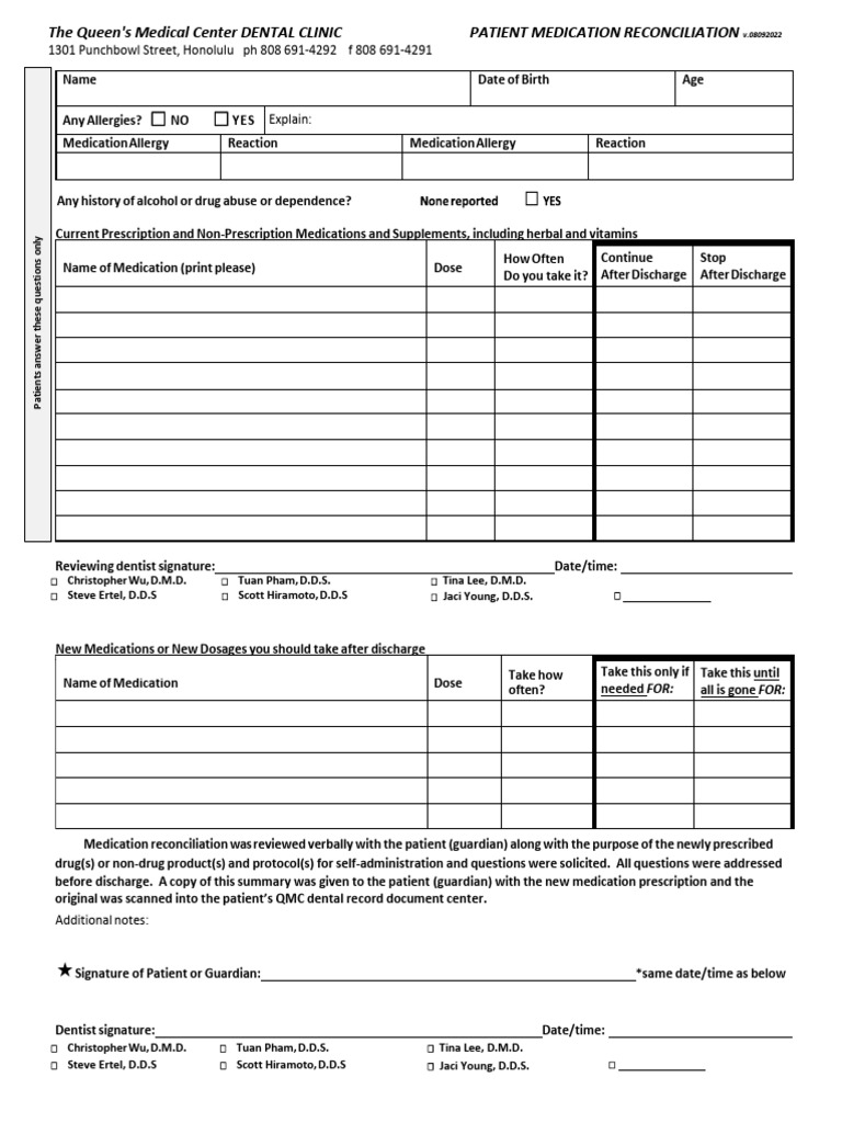 Patient Medication Reconciliation Form.origINAL 1خارجي | PDF | Prescription Drugs | Dental Degree