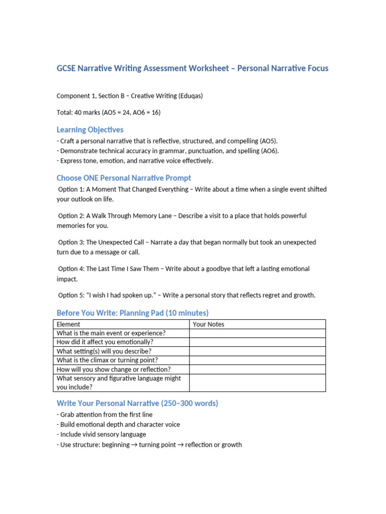 GCSE Narrative Writing Assessment Worksheet Wardah | PDF | Sentence (Linguistics) | Narrative