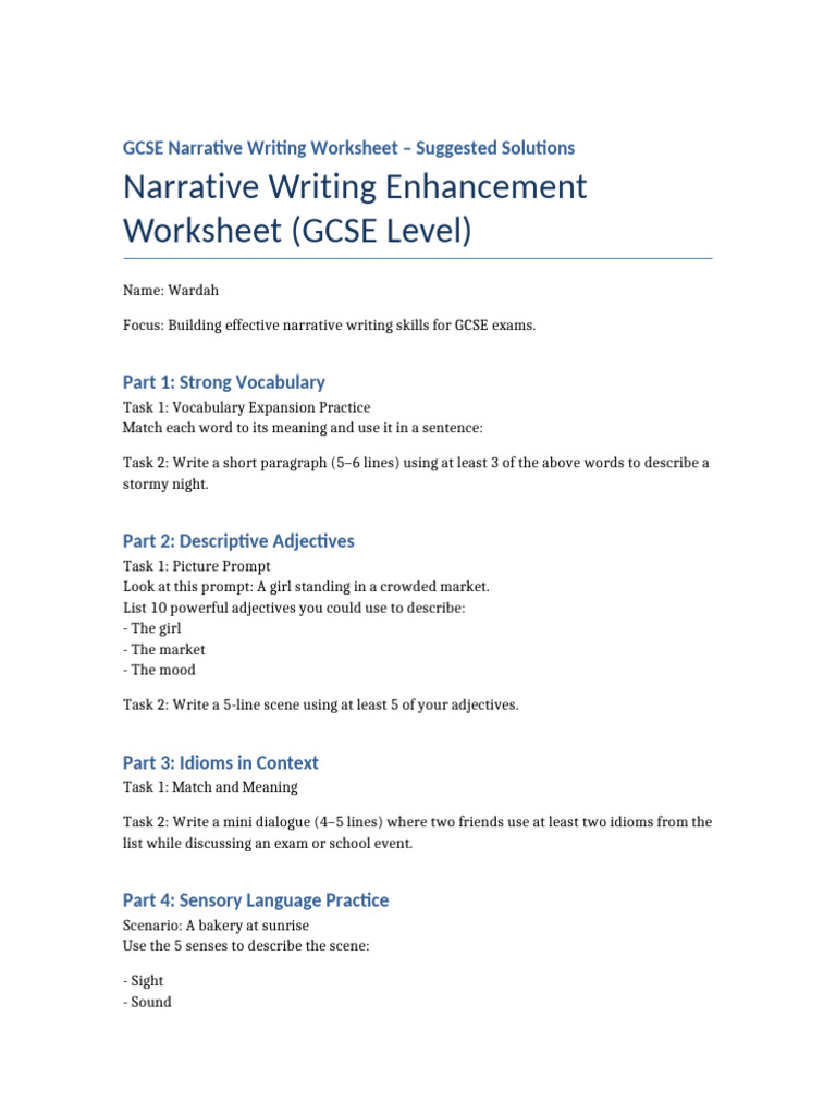 GCSE Narrative Writing Worksheet Solutions Wardah | PDF