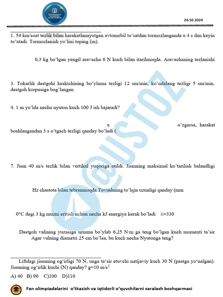 9-Fizika 2024 Uzb | PDF
